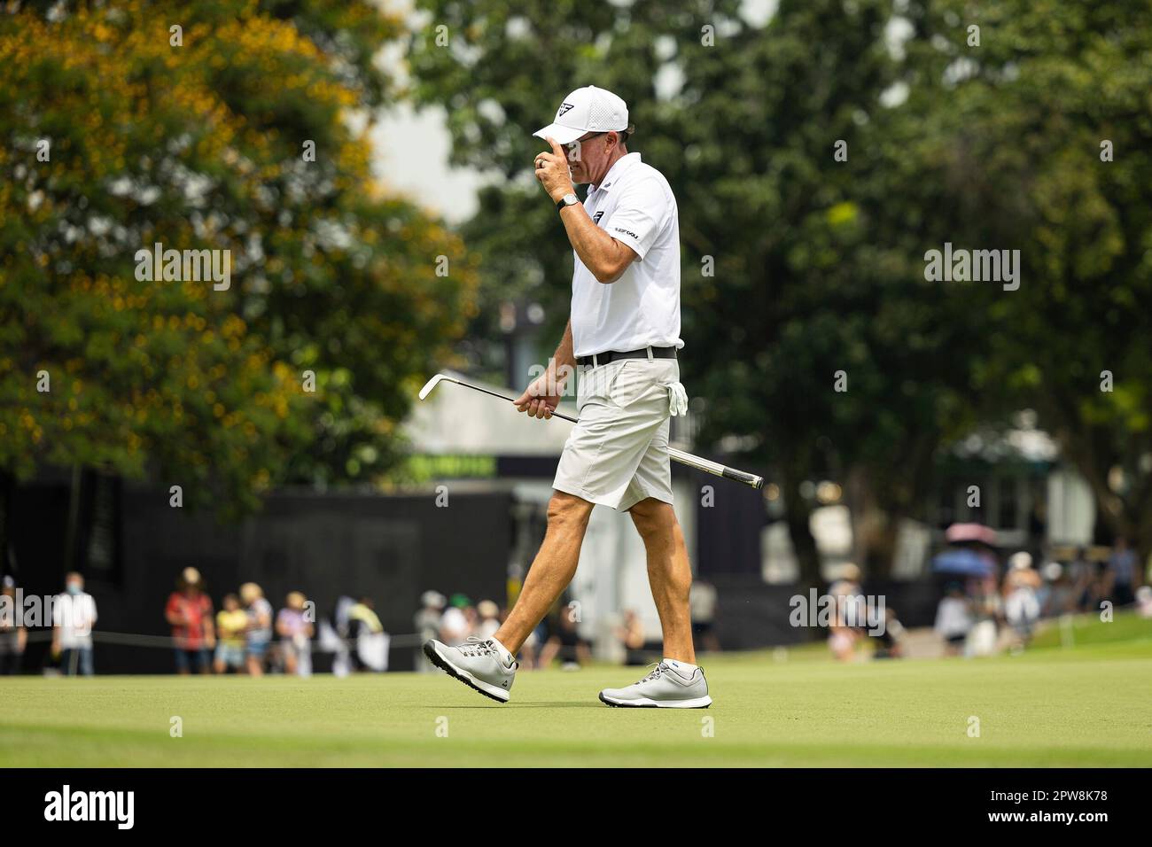 Captain Phil Mickelson of HyFlyers GC reacts on the 14th green during ...