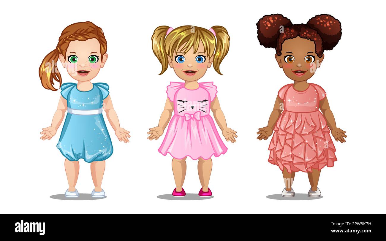 Toddler Girls Cute Cartoon Characters. Vector Illustration Stock Vector ...