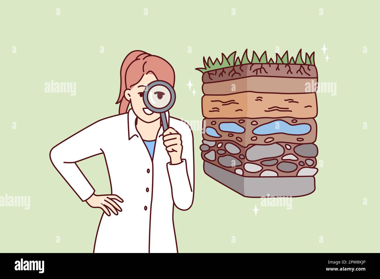 Girl ecologist with magnifying glass conducts examination of soil ...