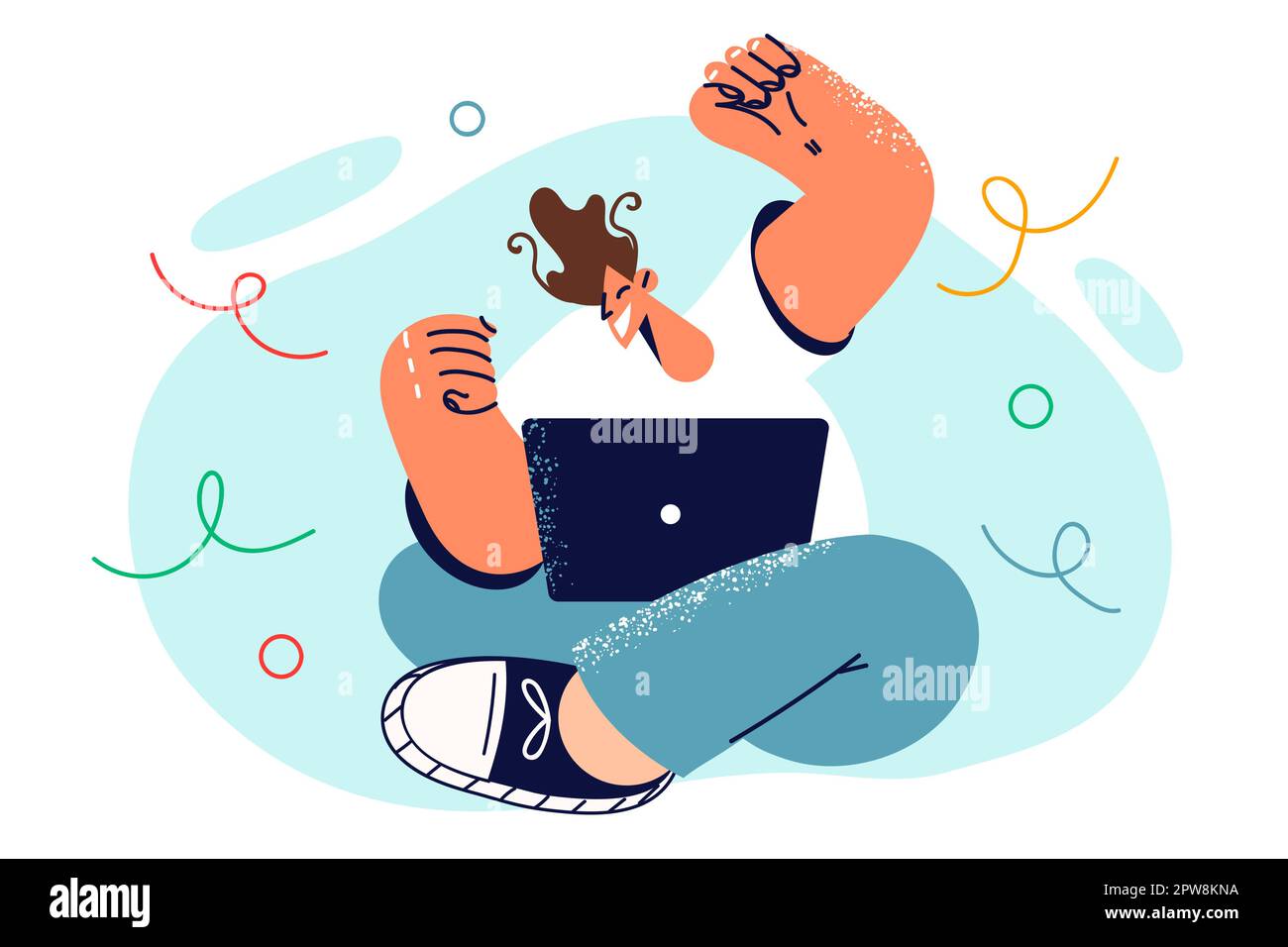 Man raises hands up sitting on floor with laptop on knees celebrating ...
