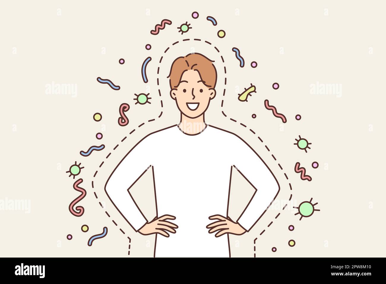 Happy man with good immunity smiling and holding hands on belt standing ...