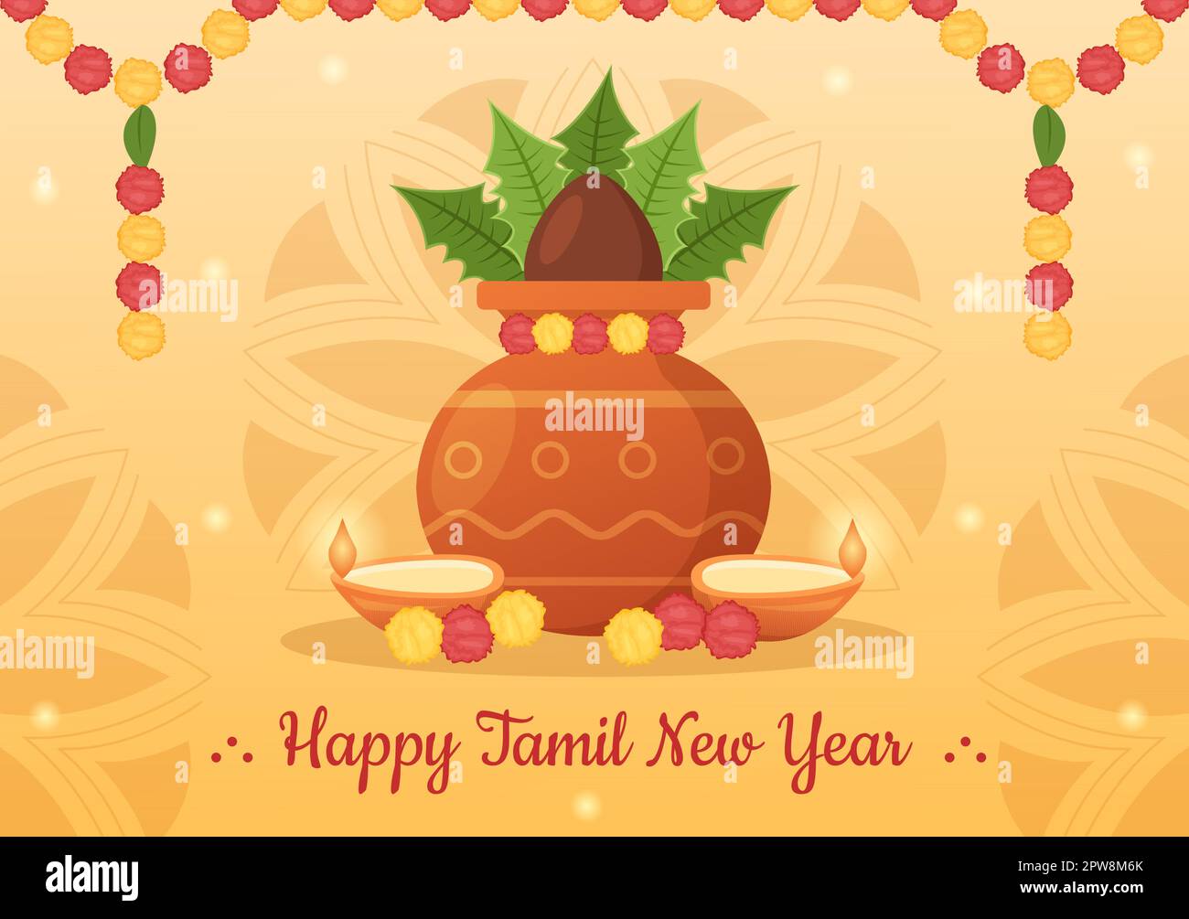 Happy Tamil New Year Illustration with Vishu Flowers, Pots and Indian ...