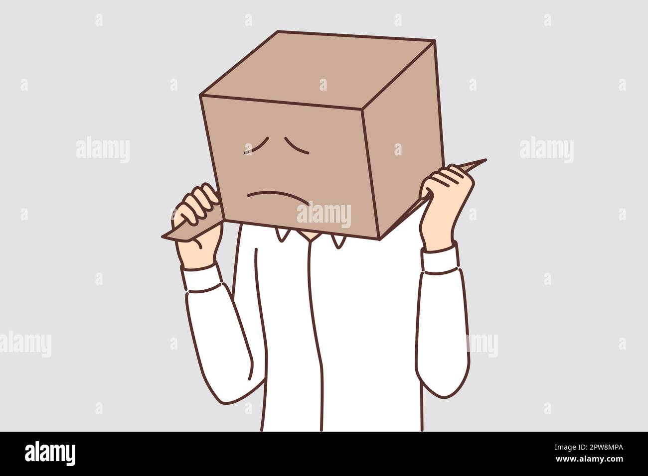 Man with cardboard box on head with painted sad face due problems with ...