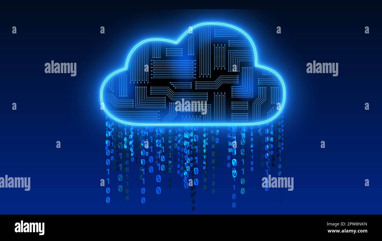 Cloud computing technology concept - circuit board in glowing cloud symbol, stylized rain rays ...