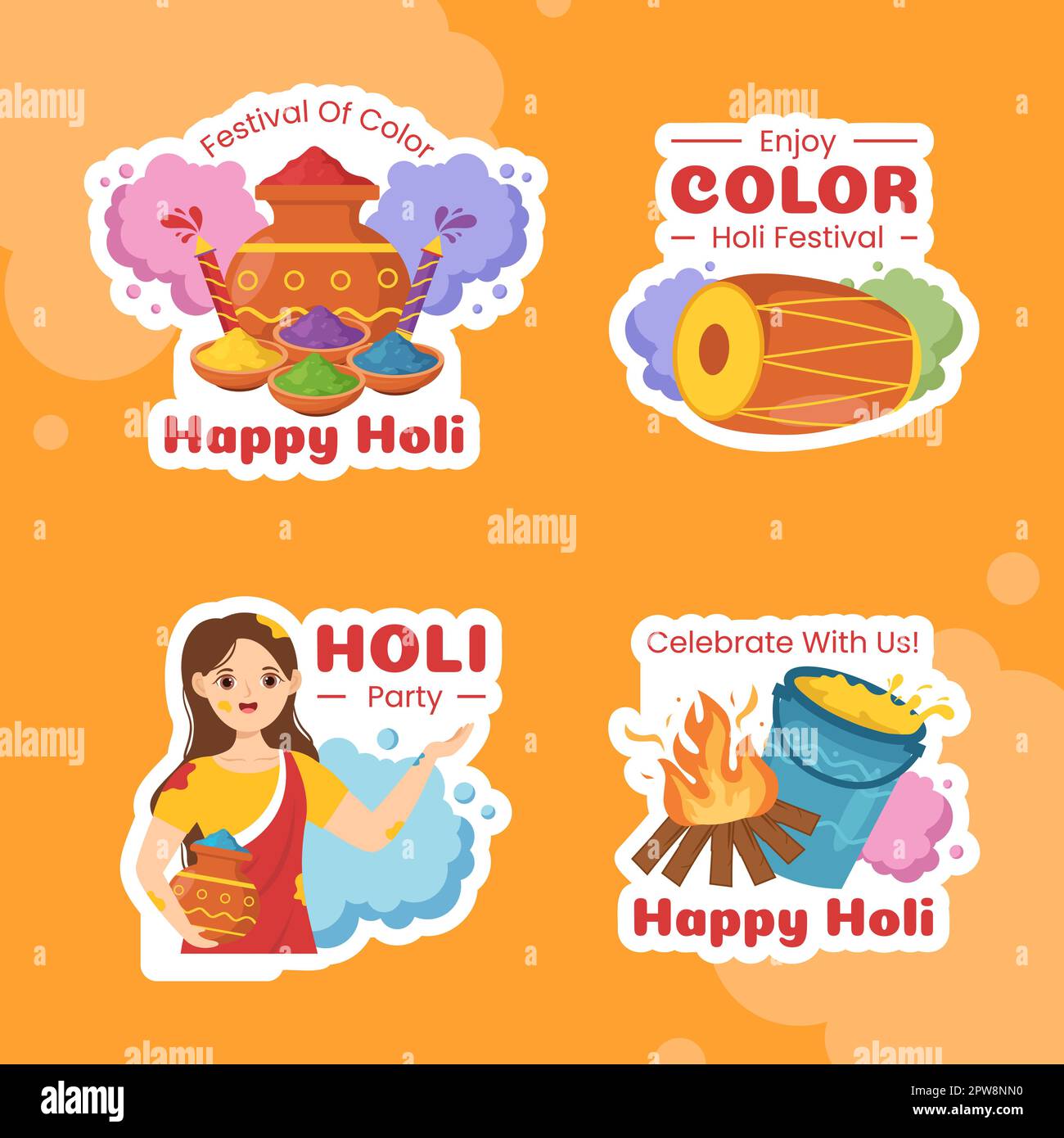 Happy Holi Festival Label Flat Cartoon Hand Drawn Templates ...