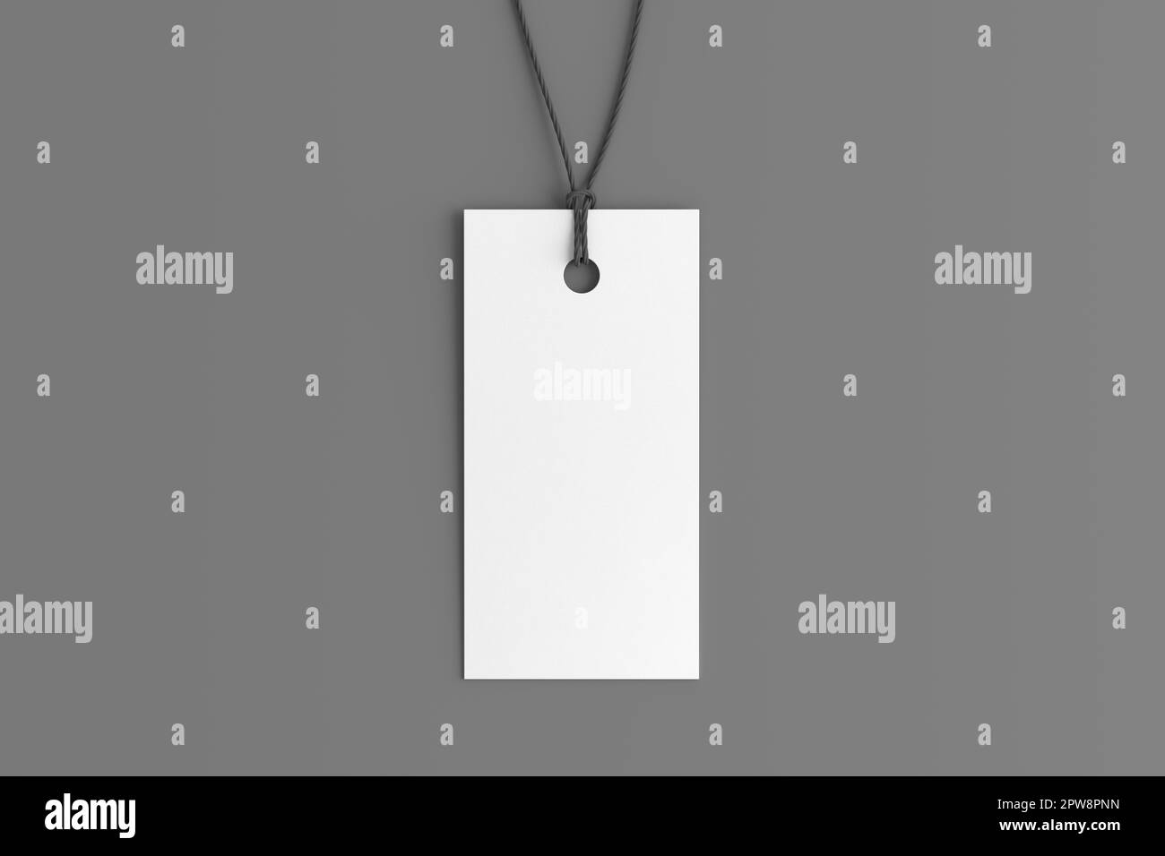 White rectangular tag mockup on gray background. View directly above ...