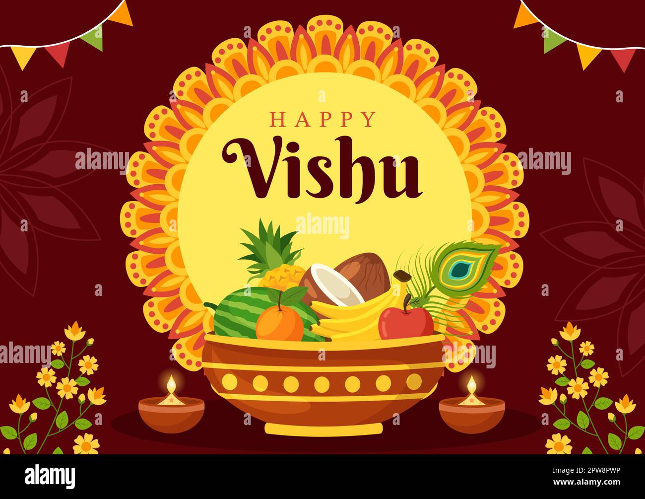 Happy Vishu Festival Illustration with Traditional Kerala Kani, Fruits ...
