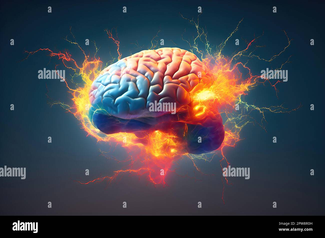 A brain that is exploding with ideas and colors on dark background ...