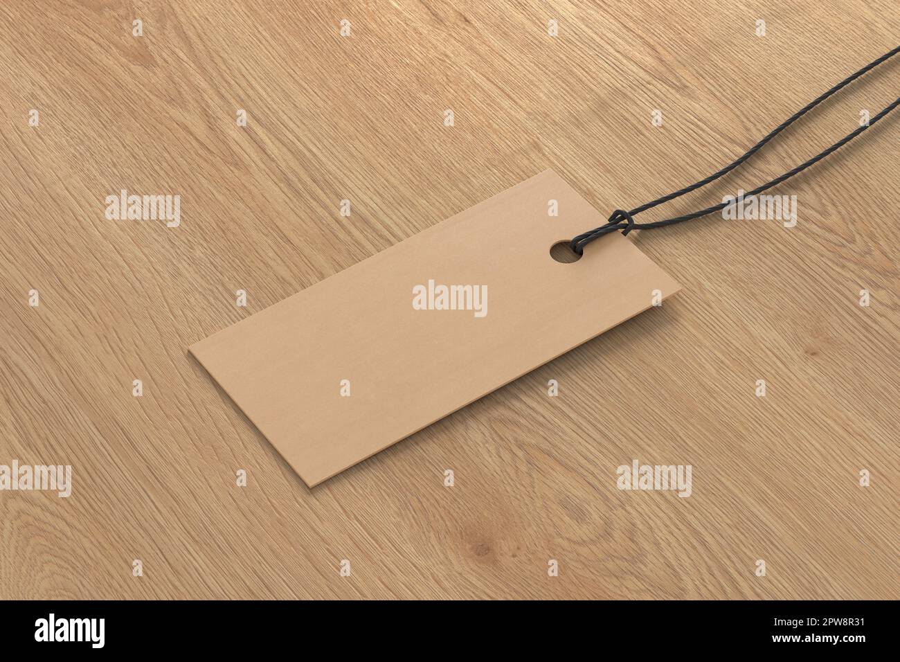 Cardboard rectangular tag mockup on wooden background. Side view Stock ...