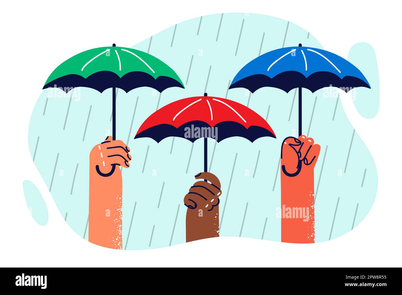 Hands of people with umbrellas protecting from heavy rain symbolizing ...