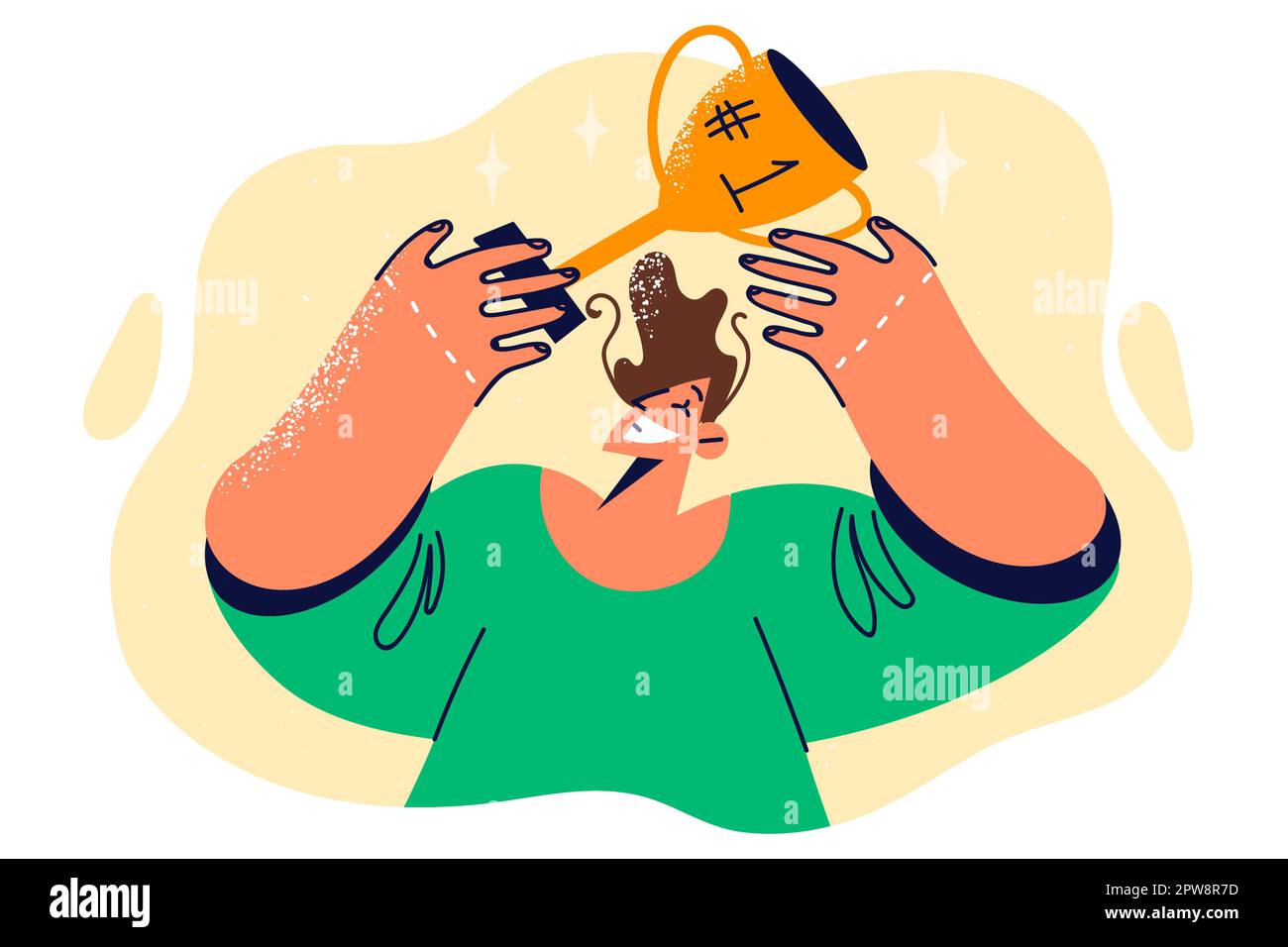 Woman winner raises hands with golden cup up rejoicing at triumph and ...