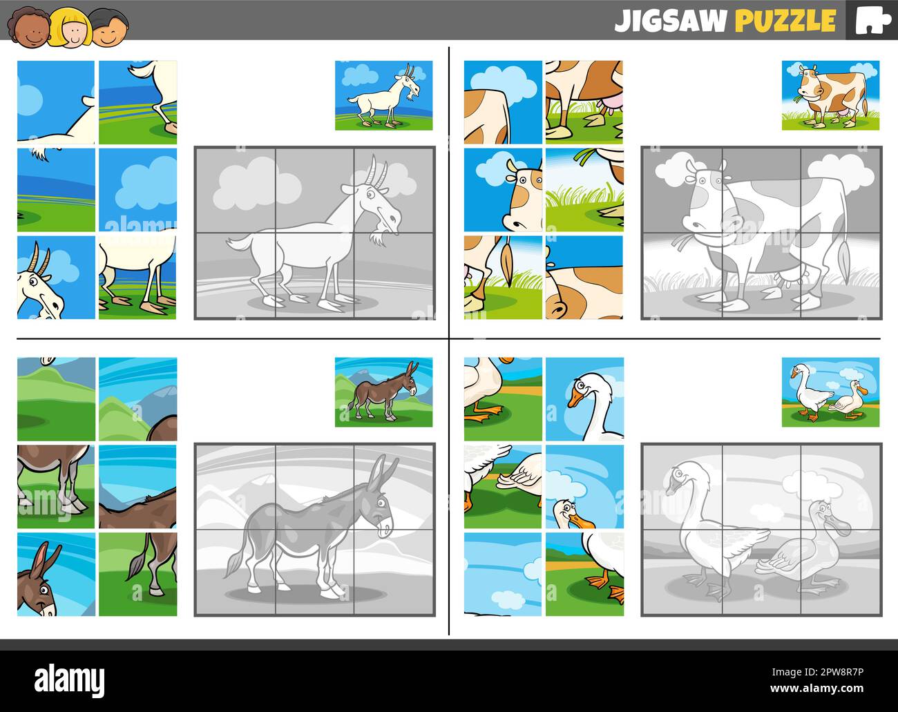 jigsaw puzzle game set with farm animal characters Stock Vector Image ...