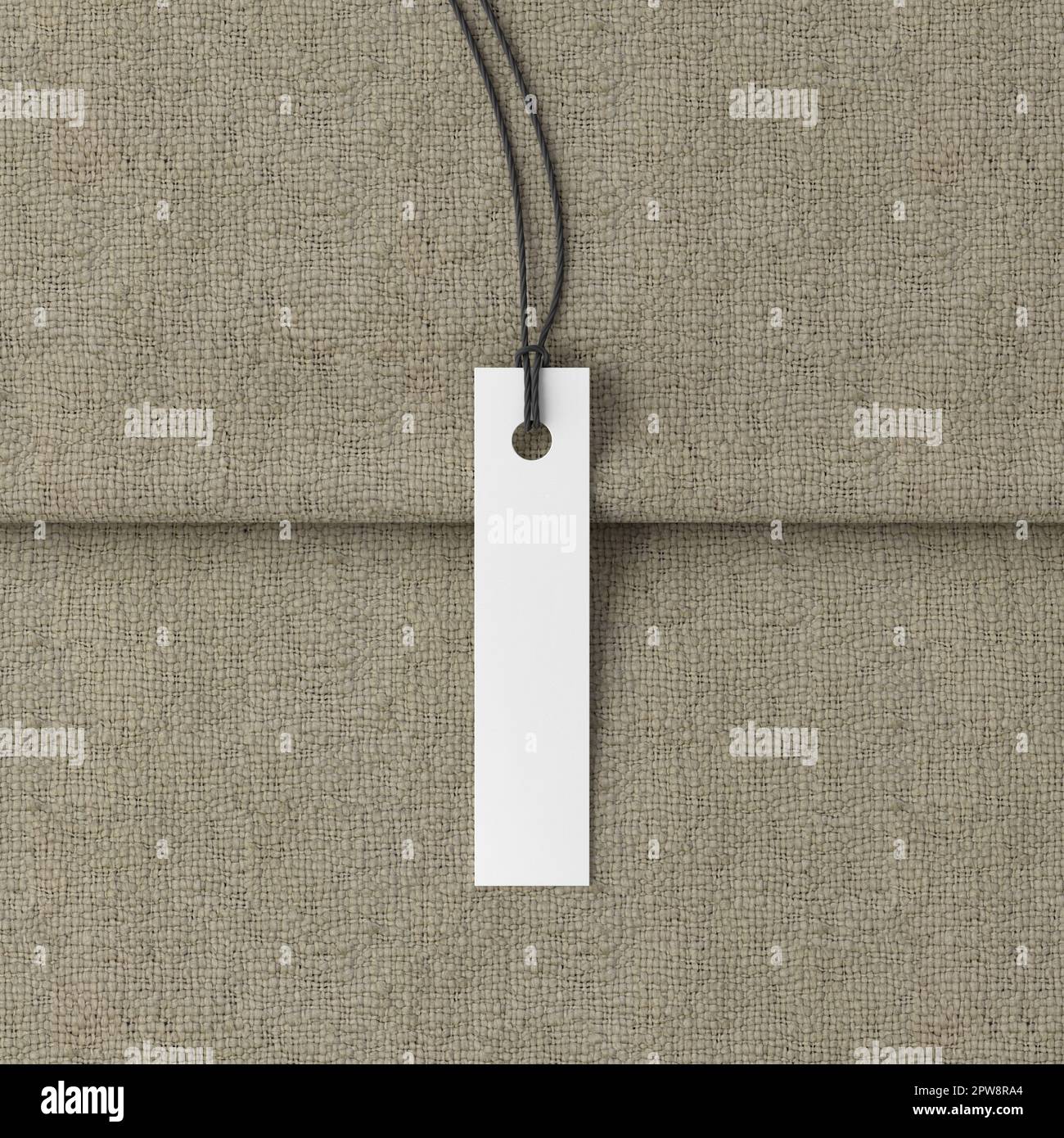 White long tag mockup on fabric background. View directly above Stock ...