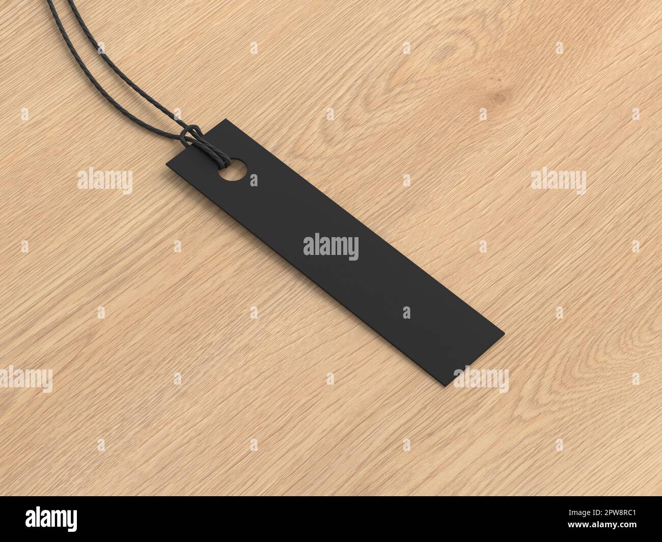 Black long tag mockup on wooden background. Side view Stock Photo - Alamy