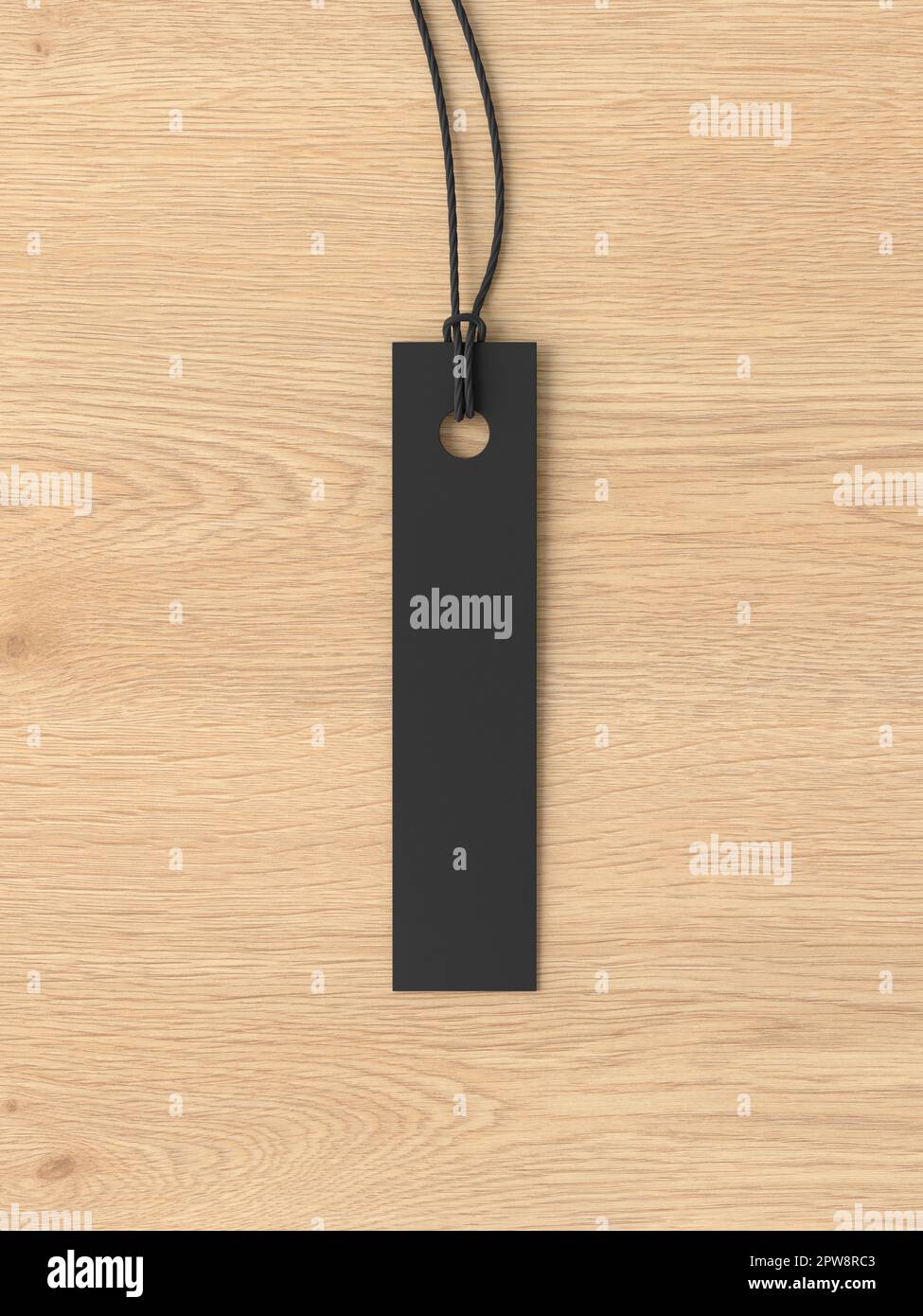 Black long tag mockup on wooden background. View directly above Stock ...