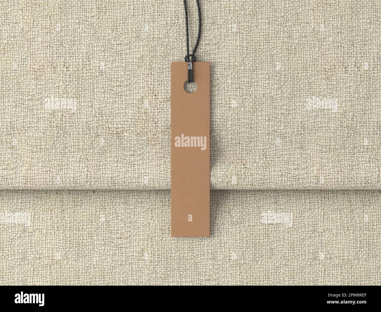 Cardboard long tag mockup on fabric background. View directly above ...