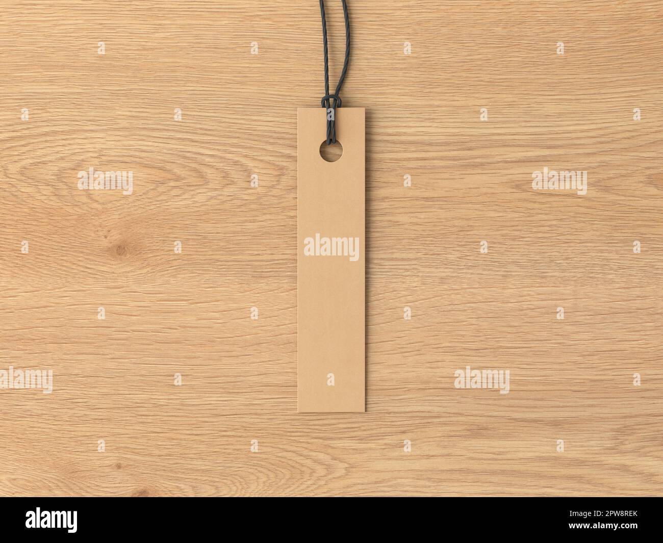 Cardboard long tag mockup on wooden background. View directly above ...