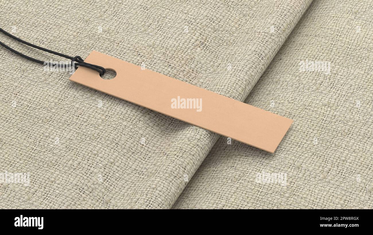 Cardboard long tag mockup on fabric background. Side view. 3d ...