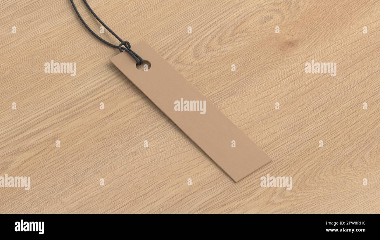Cardboard long tag mockup on wooden background. Side view Stock Photo ...
