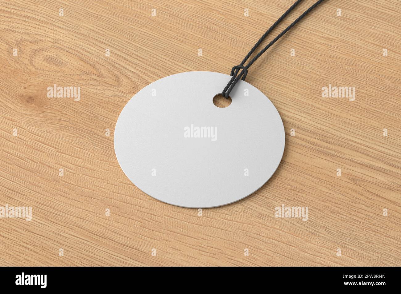 White round tag mockup on wooden background. Side view Stock Photo - Alamy