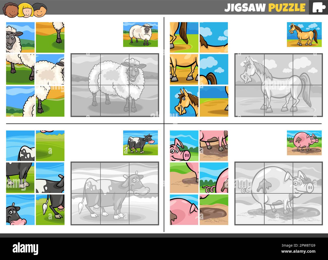 jigsaw puzzle game set with comic farm animals Stock Vector Image & Art ...