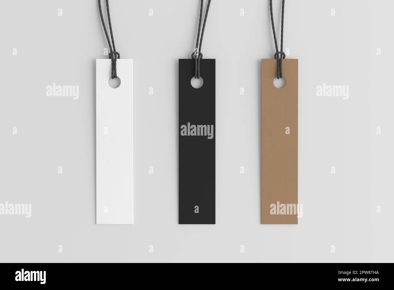 White, cardboard, black long tags mockup on white background. View ...