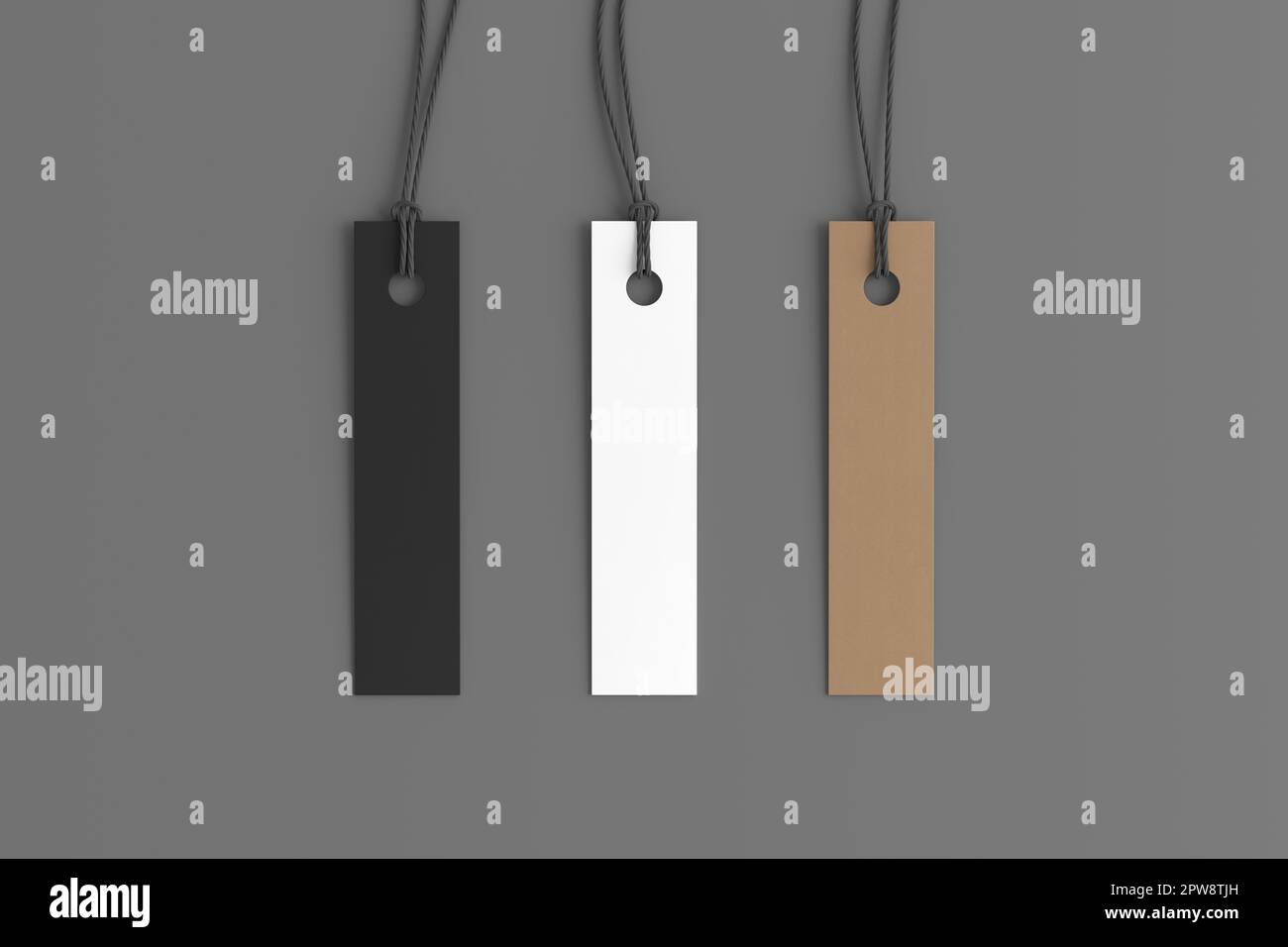 White, cardboard, black long tags mockup on gray background. View ...