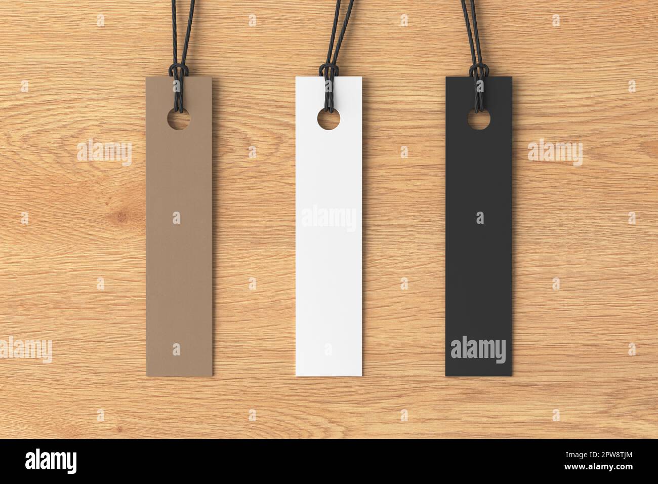 White, cardboard, black long tags mockup on wooden background. View ...