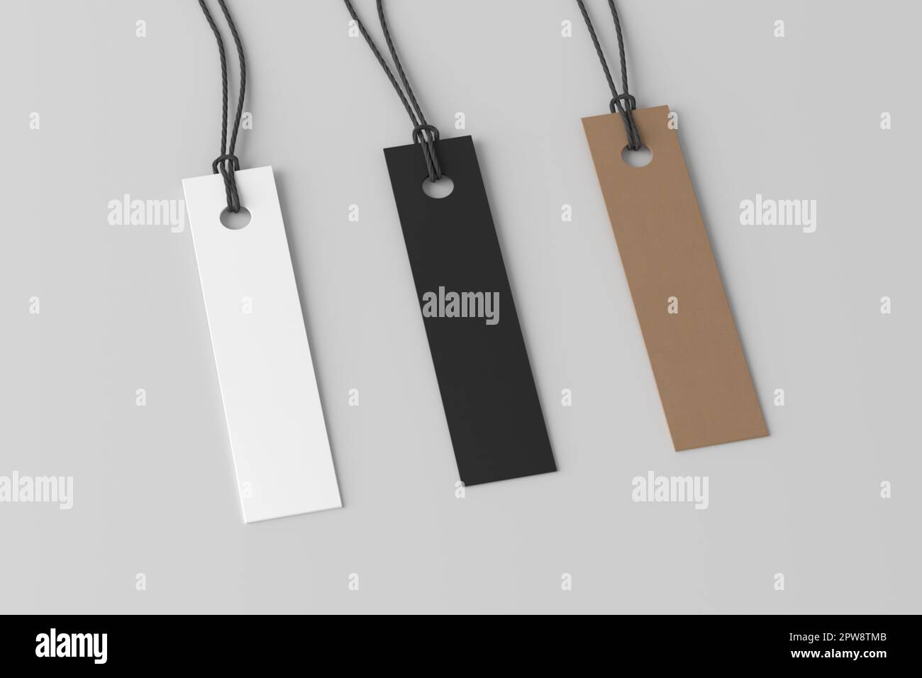 White, cardboard, black long tags mockup on white background. Side view ...