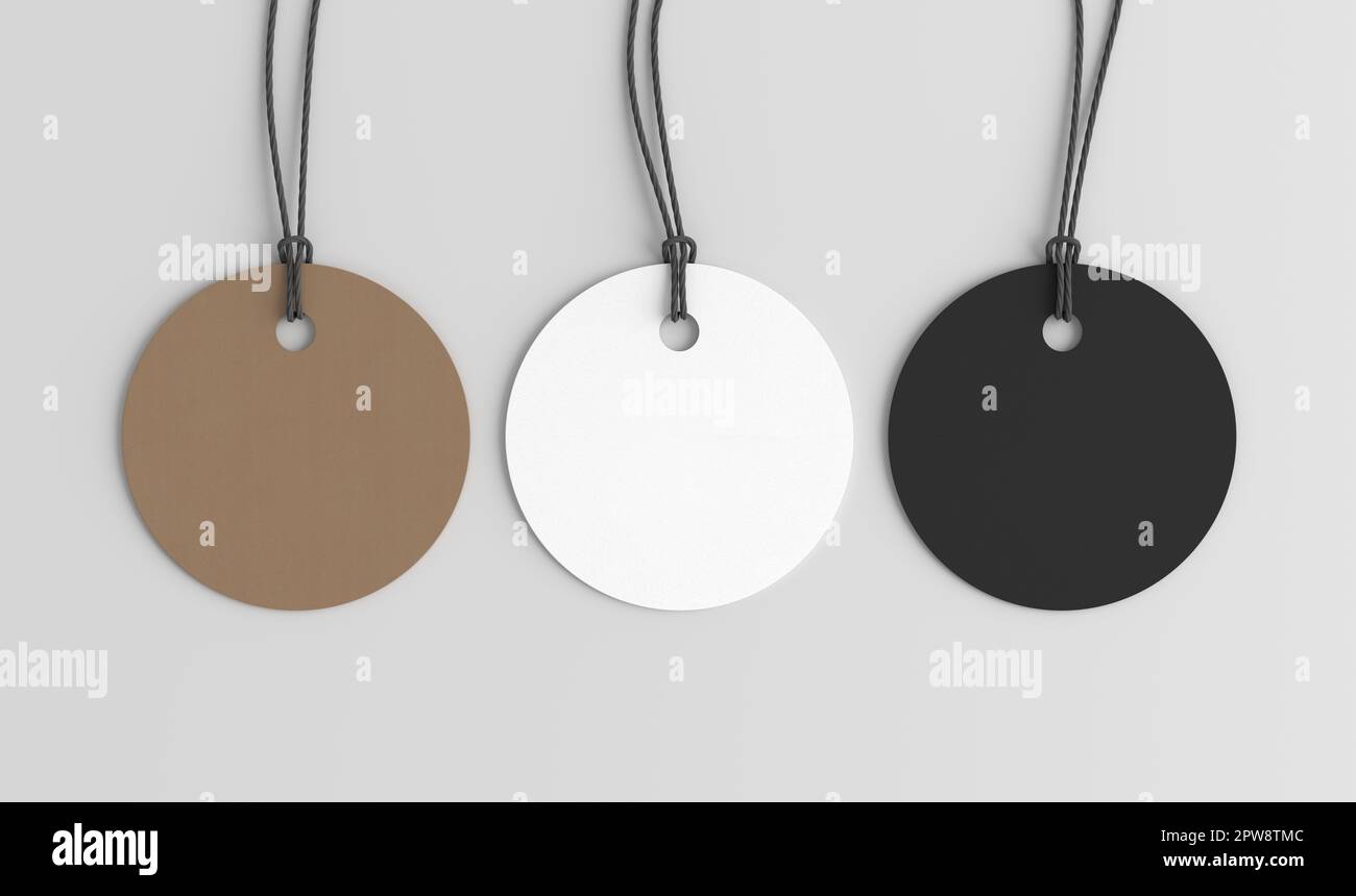 White, cardboard, black round tags mockup on white background. View ...