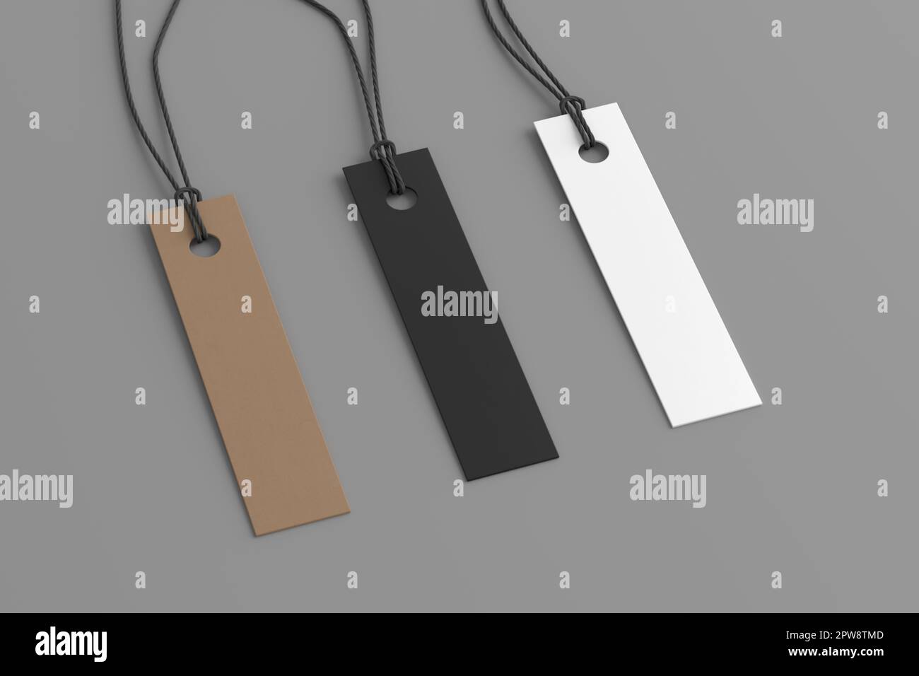 White, cardboard, black long tags mockup on gray background. Side view ...