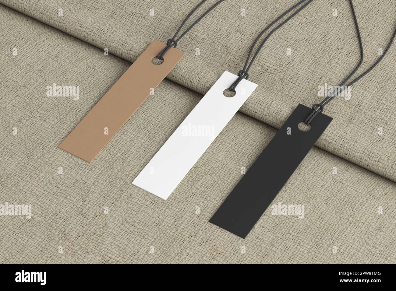 White, cardboard, black long tags mockup on fabric background. Side ...