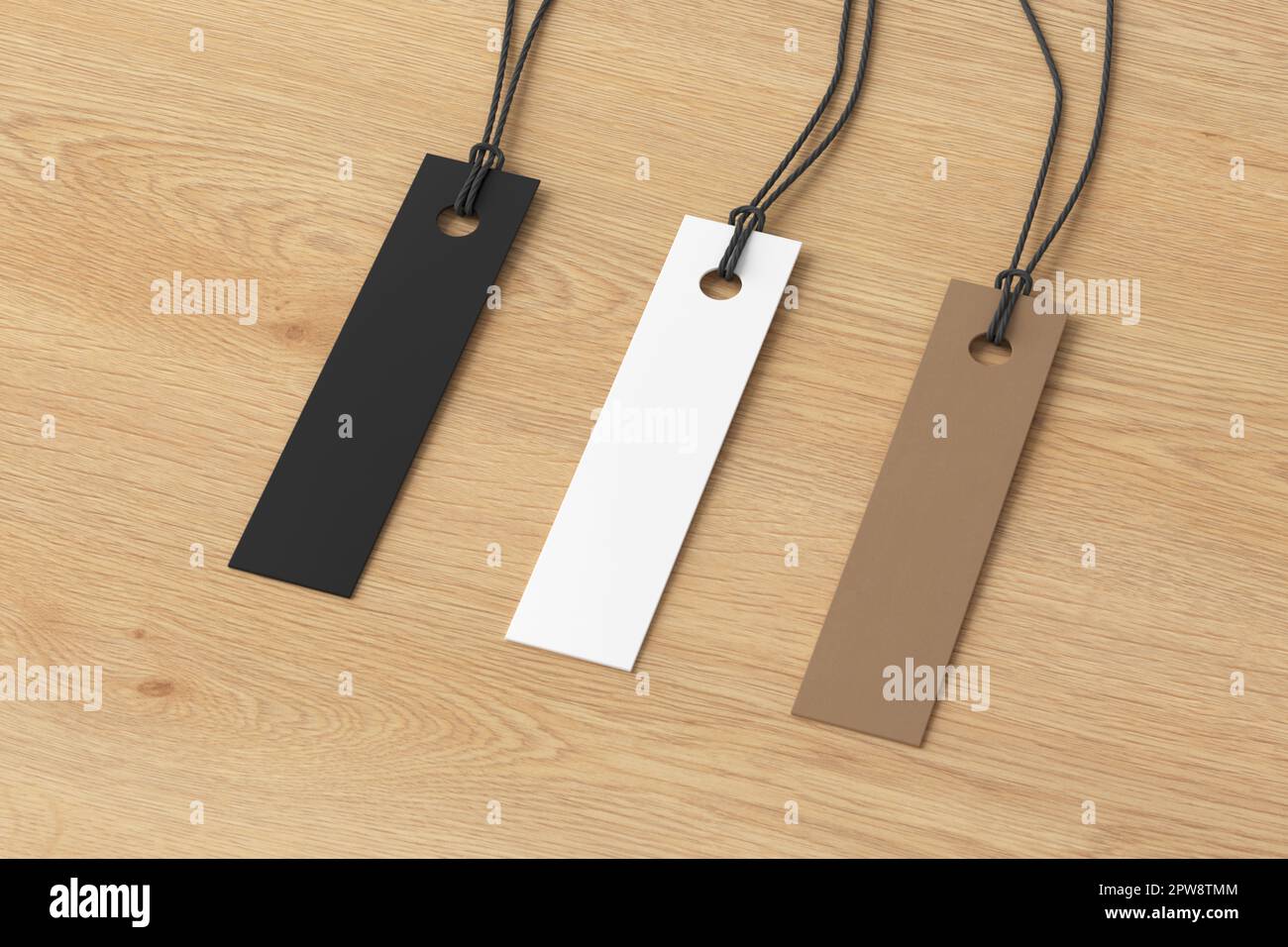 White, cardboard, black long tags mockup on wooden background. Side ...