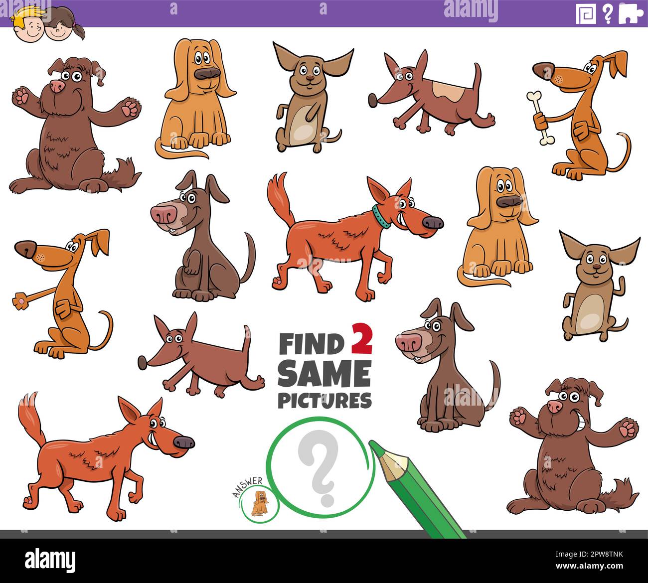 find two same cartoon dog characters educational game Stock Vector ...