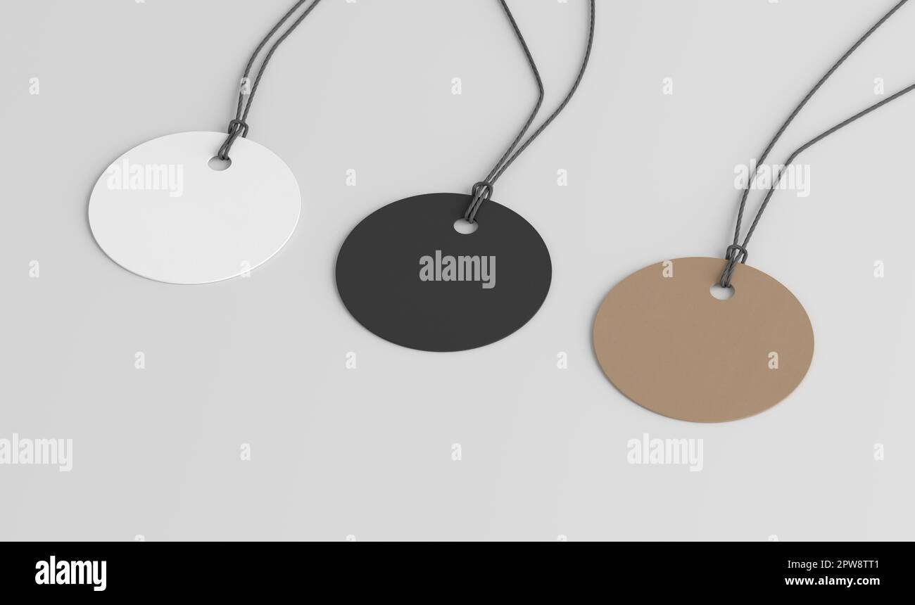 White, cardboard, black round tags mockup on white background. Side ...