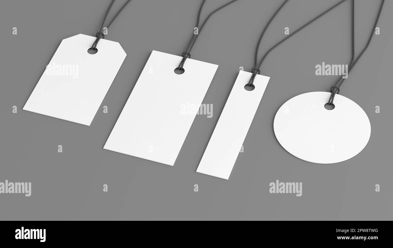 White tags of various shapes mockup on gray background. Side view Stock ...