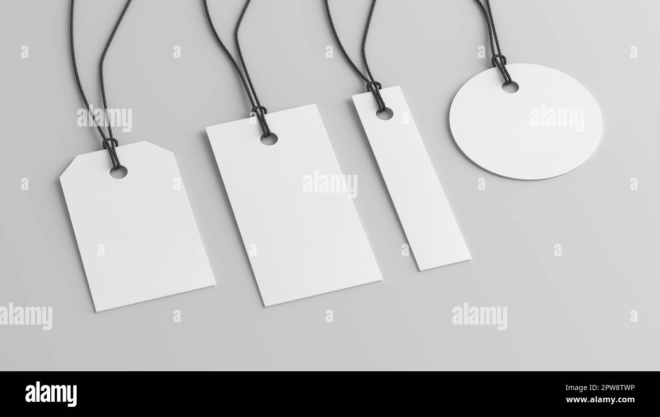 White tags of various shapes mockup on white background. Side view ...