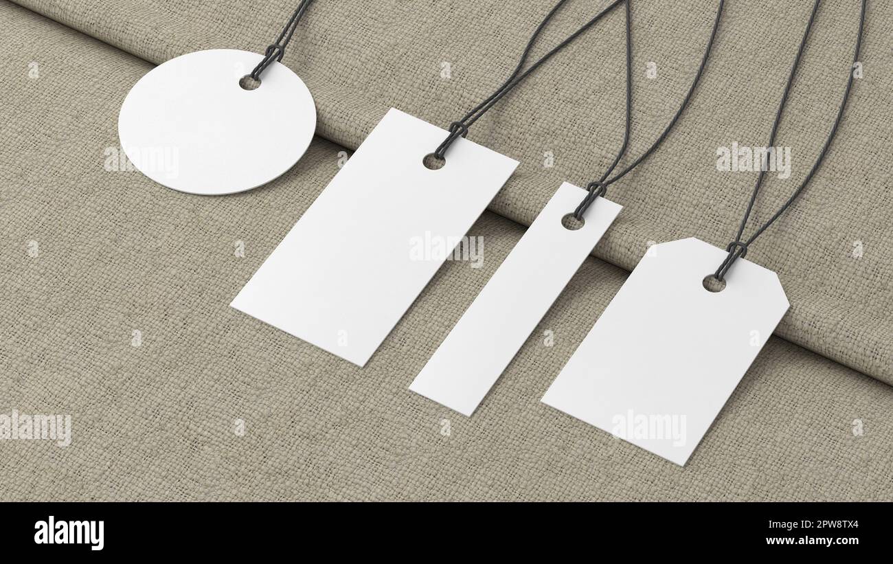 White tags of various shapes mockup on fabric background. Side view ...
