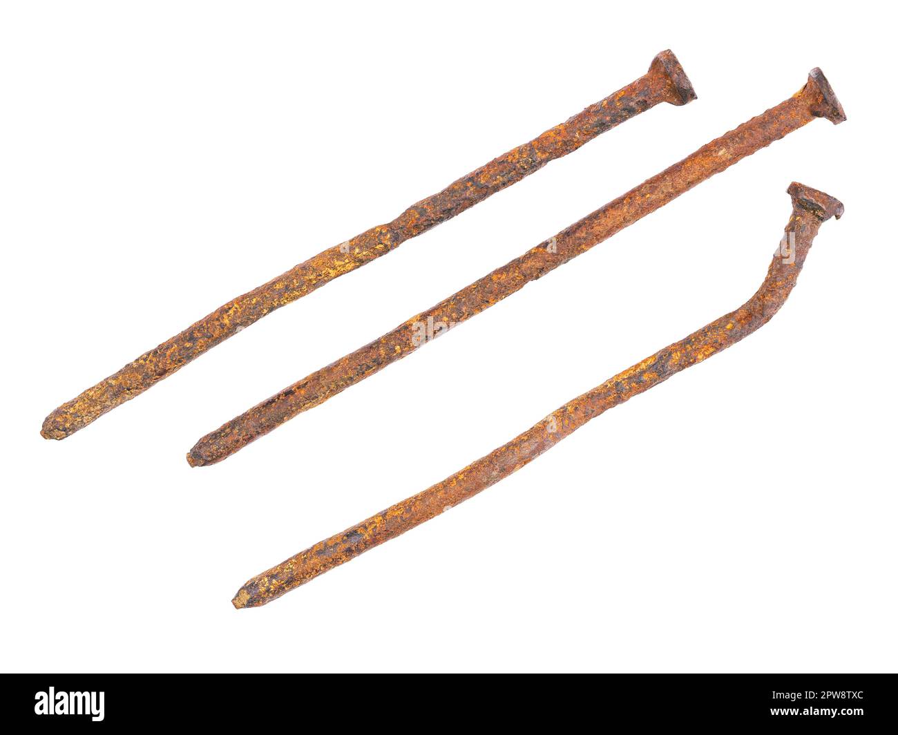 Old deformed and rusted nails close-up, isolated on white background ...