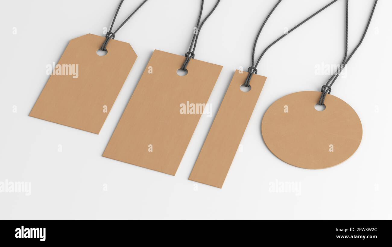 Cardboard tags of various shapes mockup on white background. Side view ...