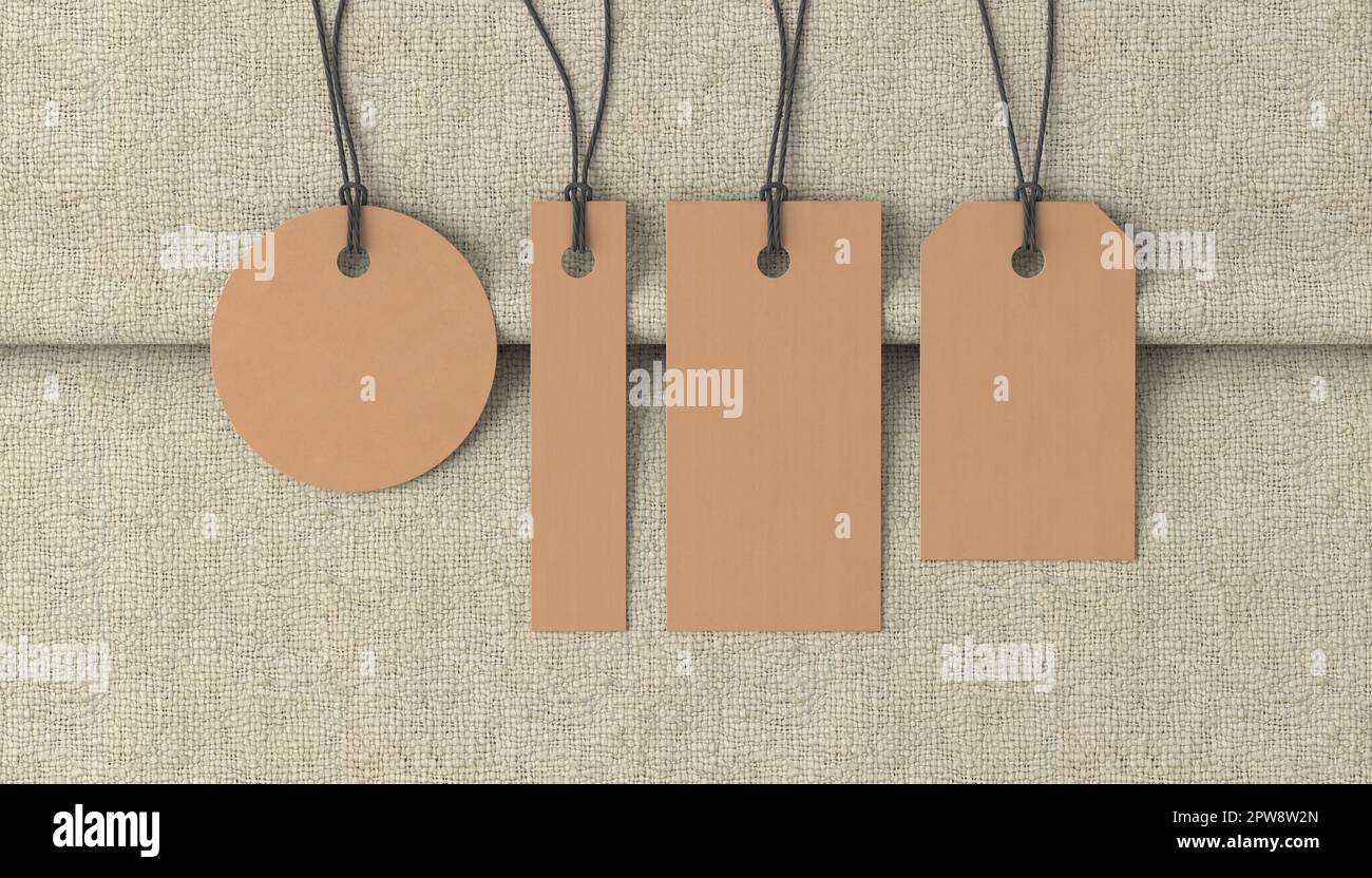 Cardboard tags of various shapes mockup on fabric background. View ...