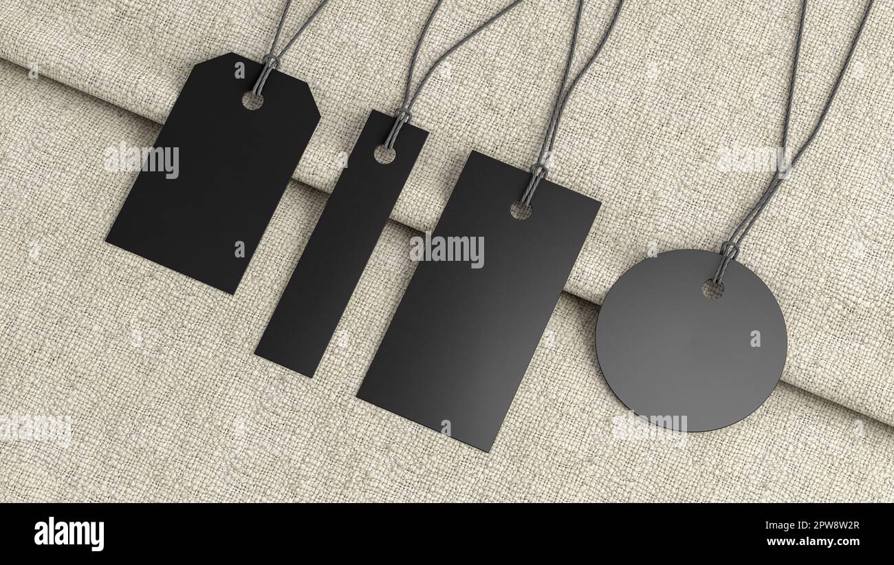 Black tags of various shapes mockup on fabric background. Side view ...