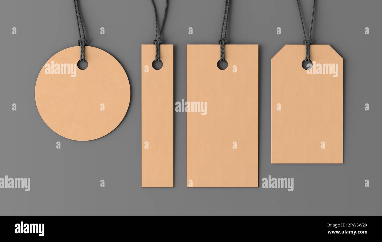 Cardboard tags of various shapes mockup on gray background. View ...