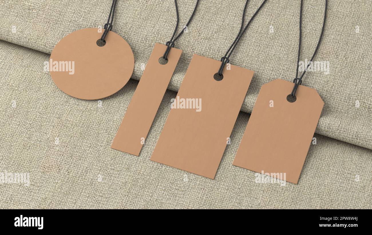 Cardboard tags of various shapes mockup on fabric background. Side view ...