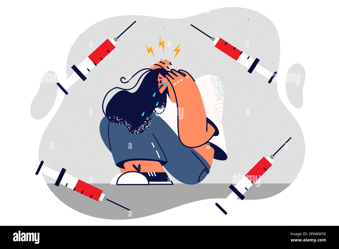Woman Drug Addict Crying Sitting On Floor Needs Rehabilitation After