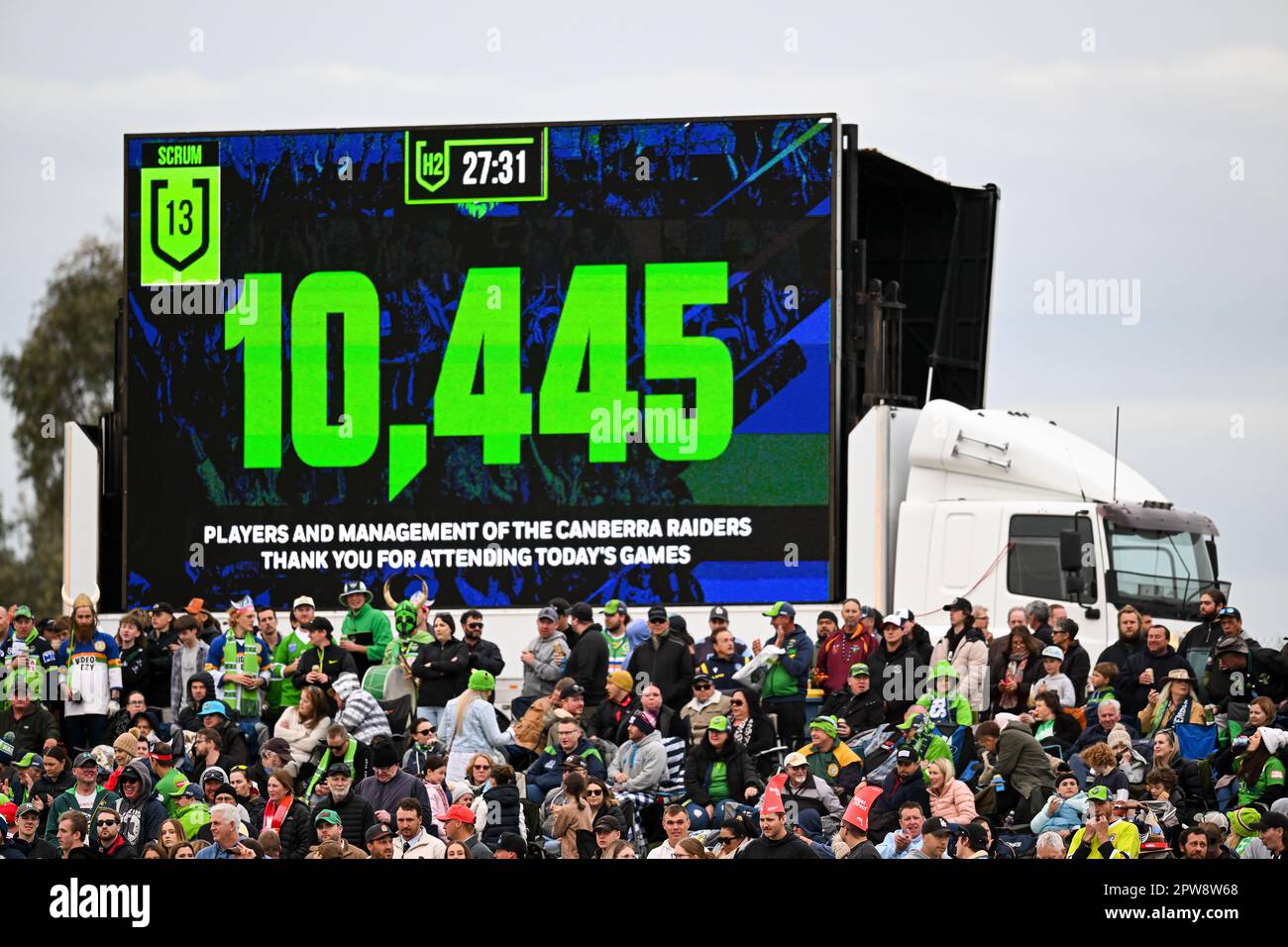 A screen shows the official attendance during the NRL Round 9 match ...