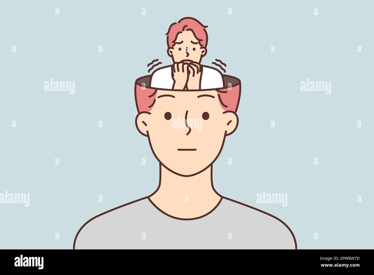 Frightened human sits in head of calm man hiding fear and emotions from ...
