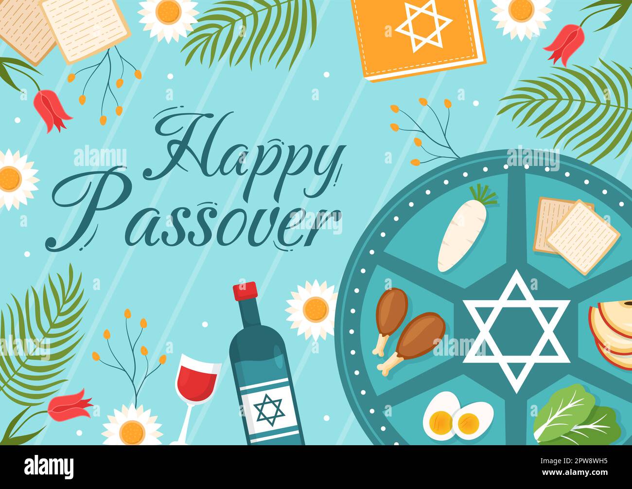 Happy Passover Illustration with Wine, Matzah and Pesach Jewish Holiday ...