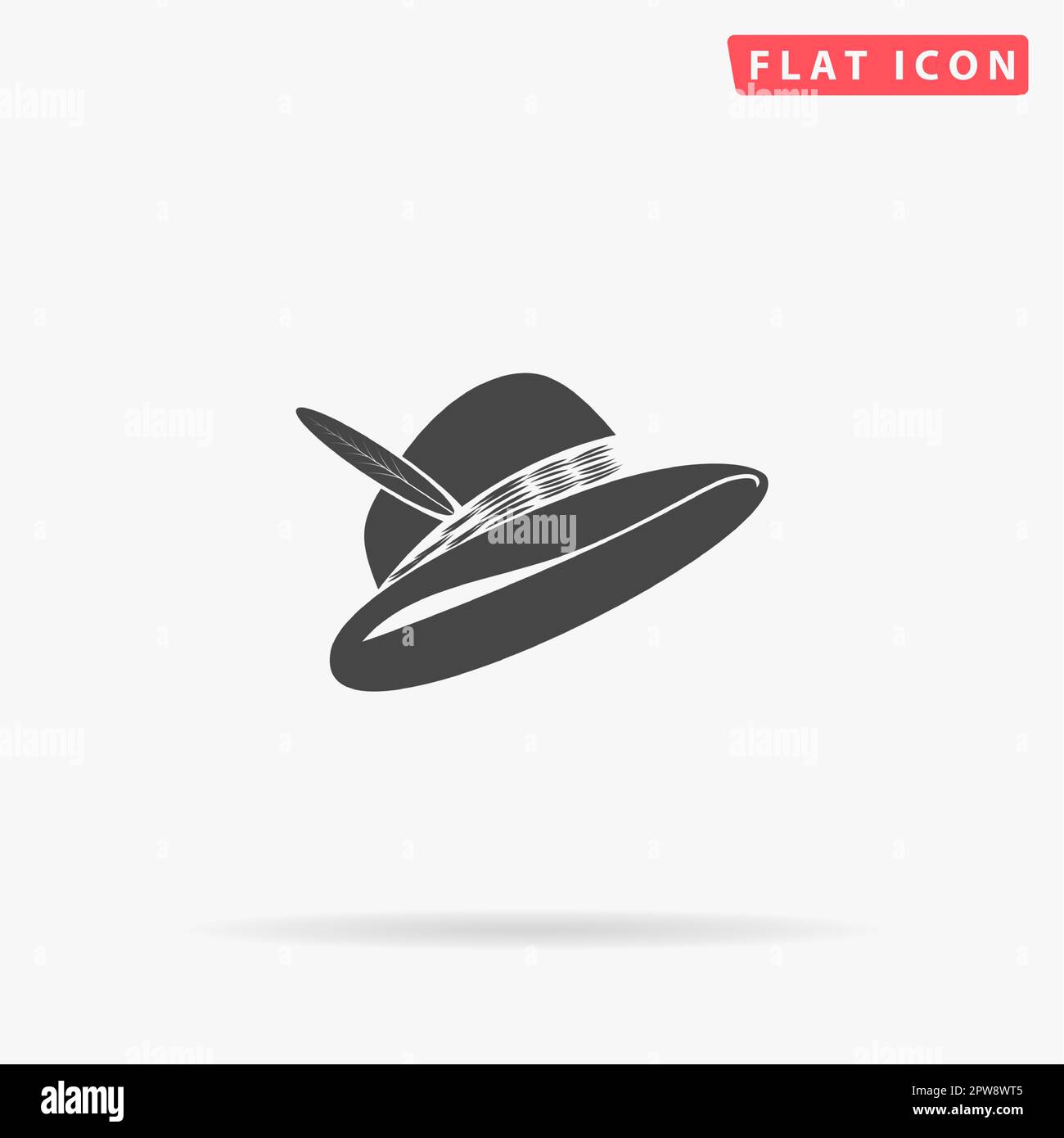 Hat with a feather. Simple flat black symbol with shadow on white ...