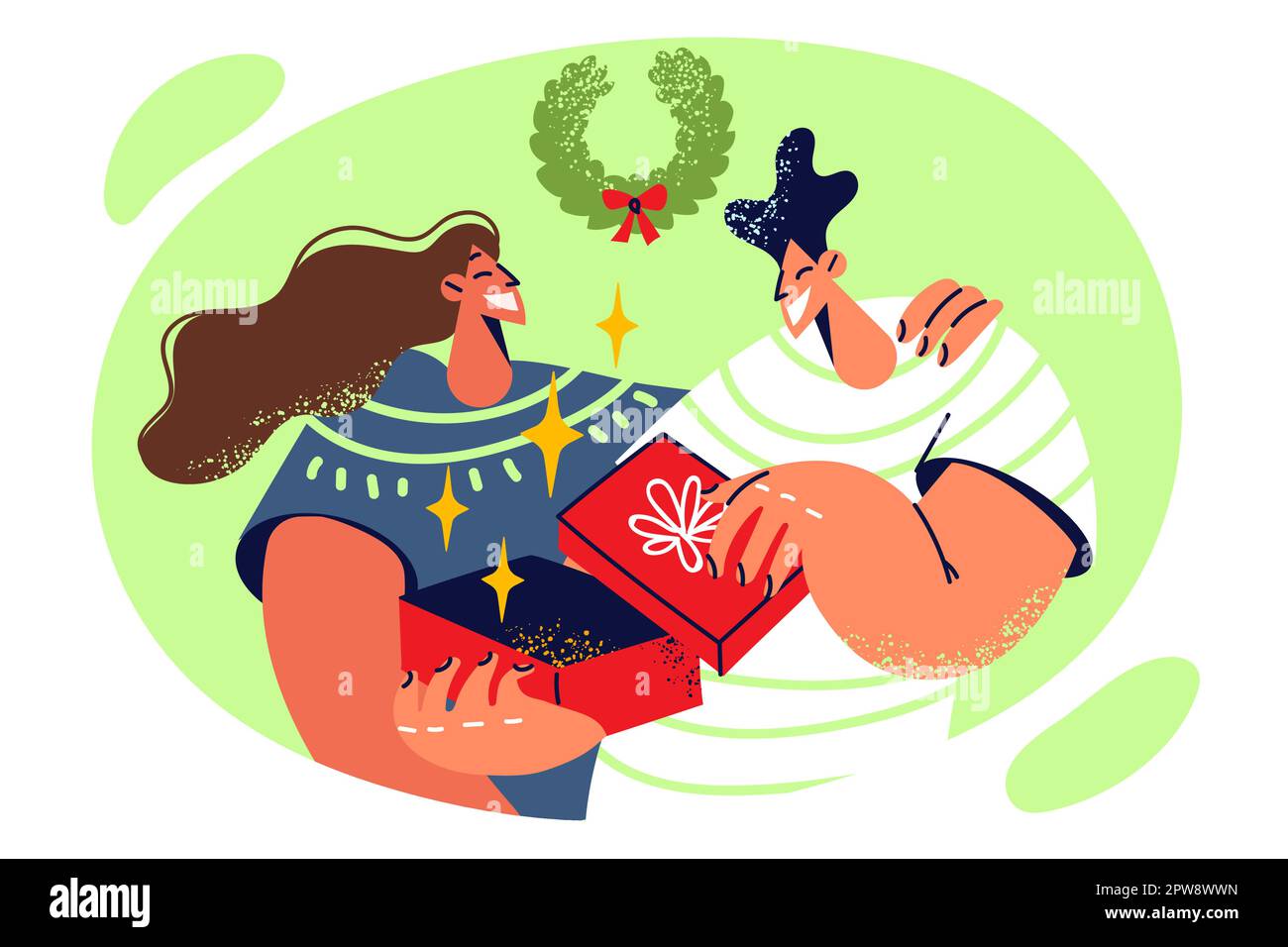 Intrigued man opens box with Christmas present from girl or mother ...